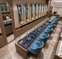 China Luxury Walnut Wood & Navy Blue Jewelry Store Interior Design, Complete Turnkey Fixture Package with Arched Wall Showcase for sale