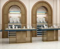 China Luxury Brass Mesh & Peacock Blue Jewelry Store Interior Design, Complete Turnkey Fixture Package with Arched Wall Showcase for sale