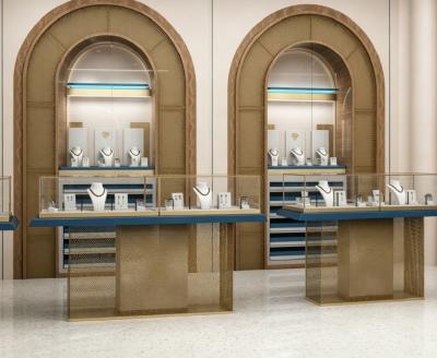 China Luxury Brass Mesh & Peacock Blue Jewelry Store Interior Design, Complete Turnkey Fixture Package with Arched Wall Showcase for sale