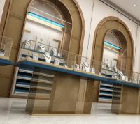 China Luxury Brass Mesh & Peacock Blue Jewelry Store Interior Design, Complete Turnkey Fixture Package with Arched Wall Showcase for sale
