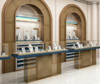 China Luxury Brass Mesh & Peacock Blue Jewelry Store Interior Design, Complete Turnkey Fixture Package with Arched Wall Showcase for sale