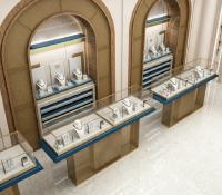 China Luxury Brass Mesh & Peacock Blue Jewelry Store Interior Design, Complete Turnkey Fixture Package with Arched Wall Showcase for sale