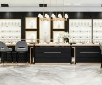 China Custom Luxury Jewelry Shop Solution, Sleek Black & Gold Showcase with Integrated LED Lighting & Chandelier for sale
