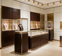China Luxury Dark Brown Leather Gold Mall Jewelry Store Display Set Complete Turnkey Fixture Package Pedestals Counters Wall Niches for sale
