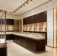 China Luxury Dark Brown Leather Gold Mall Jewelry Store Display Set Complete Turnkey Fixture Package Pedestals Counters Wall Niches for sale
