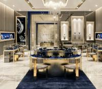 China Luxury Gold Round Jewelry Kiosk, Complete Turnkey Retail Display Center with Blue Velvet Inserts & Matching Counters for sale