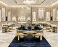 China Luxury Gold Round Jewelry Kiosk, Complete Turnkey Retail Display Center with Blue Velvet Inserts & Matching Counters for sale