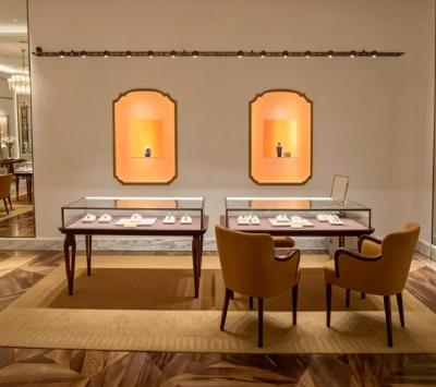 China Vintage French Walnut Jewelry Store Display Set, Complete Turnkey Fixture Package with Glass Counters & Wall Niches for sale