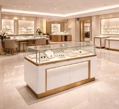 China Luxury White & Rose Gold Jewelry Store Display Set, Complete Turnkey Fixture Package with Counters, Wall Cabinets & Seating for sale