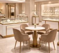 China Luxury White & Rose Gold Jewelry Store Display Set, Complete Turnkey Fixture Package with Counters, Wall Cabinets & Seating for sale