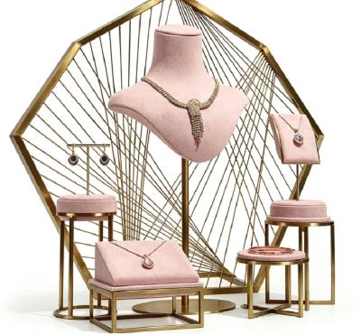 China Luxury Pink Velvet Geometric Gold Frame Jewelry Display Set, High-End Jewelry Stand for Necklace Earring Ring Retail for sale