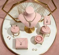 China Luxury Pink Velvet Geometric Gold Frame Jewelry Display Set, High-End Jewelry Stand for Necklace Earring Ring Retail for sale