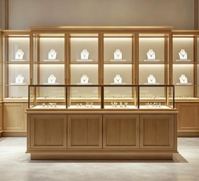 China Customizable Sleek Natural Wood Jewelry Retail Fixture Package, Includes Wall Cabinets, Counters & Lockable Storage for sale
