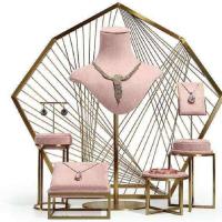 China Luxury Pink Velvet Geometric Gold Frame Jewelry Display Set, High-End Jewelry Stand for Necklace Earring Ring Retail for sale