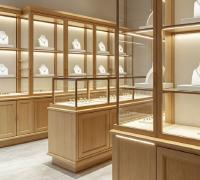 China Customizable Sleek Natural Wood Jewelry Retail Fixture Package, Includes Wall Cabinets, Counters & Lockable Storage for sale