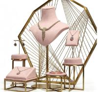 China Luxury Pink Velvet Geometric Gold Frame Jewelry Display Set, High-End Jewelry Stand for Necklace Earring Ring Retail for sale