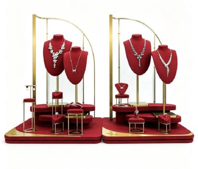 China Luxury Red Velvet Curved Metal Jewelry Display Set, High-End Jewelry Stand for Necklace Ring Earring Retail for sale