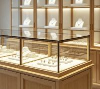 China Customizable Sleek Natural Wood Jewelry Retail Fixture Package, Includes Wall Cabinets, Counters & Lockable Storage for sale