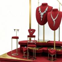 China Luxury Red Velvet Curved Metal Jewelry Display Set, High-End Jewelry Stand for Necklace Ring Earring Retail for sale