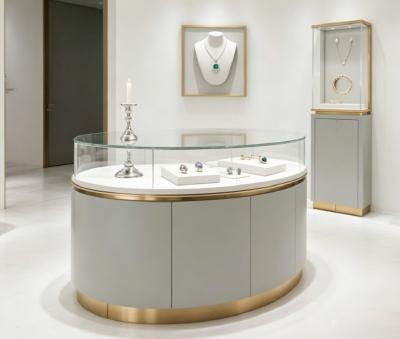 China Luxury Light Grey & Rose Gold Curved Jewelry Display Set, Complete Showcase with Central Kiosk & Tall Cabinet for sale