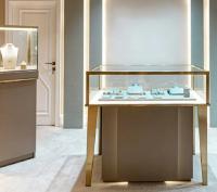 China Luxury Eco-Friendly LED-Lit Taupe & Rose Gold Jewelry Display Set Complete Turnkey Showcase with Tall Pedestal & Central Counter for sale