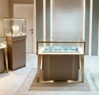 China Luxury Eco-Friendly LED-Lit Taupe & Rose Gold Jewelry Display Set Complete Turnkey Showcase with Tall Pedestal & Central Counter for sale