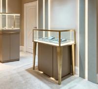 China Luxury Eco-Friendly LED-Lit Taupe & Rose Gold Jewelry Display Set Complete Turnkey Showcase with Tall Pedestal & Central Counter for sale