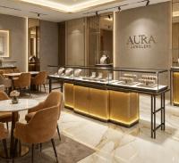 China Customizable Sleek Modern Jewelry Retail Showcase, Central Kiosk with Illuminated Gold Cabinets for Fine Jewelry Boutiques for sale
