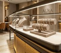 China Customizable Sleek Modern Jewelry Retail Showcase, Central Kiosk with Illuminated Gold Cabinets for Fine Jewelry Boutiques for sale