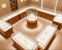 China Luxury Natural Wood Gold Jewelry Mall Display Set Complete Turnkey Fixture Package Central Cylinder Showcase Wall Cabinets for sale