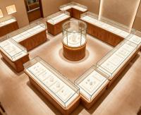 China Luxury Natural Wood Gold Jewelry Mall Display Set Complete Turnkey Fixture Package Central Cylinder Showcase Wall Cabinets for sale