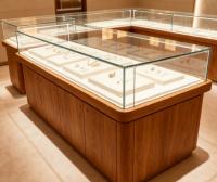 China Luxury Natural Wood Gold Jewelry Mall Display Set Complete Turnkey Fixture Package Central Cylinder Showcase Wall Cabinets for sale
