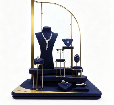 China Luxury Navy Blue Velvet Curved Metal Jewelry Display Set, High-End Jewelry Stand for Necklace Earring Ring Retail for sale