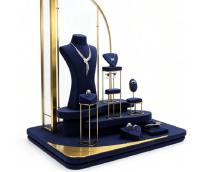 China Luxury Navy Blue Velvet Curved Metal Jewelry Display Set, High-End Jewelry Stand for Necklace Earring Ring Retail for sale