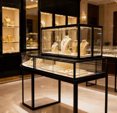 China Luxury Black Steel & Gold Jewelry Store Display Set, Complete Turnkey Fixture Package with Central Showcase & Wall Cabinets for sale