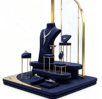 China Luxury Navy Blue Velvet Curved Metal Jewelry Display Set, High-End Jewelry Stand for Necklace Earring Ring Retail for sale