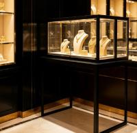 China Luxury Black Steel & Gold Jewelry Store Display Set, Complete Turnkey Fixture Package with Central Showcase & Wall Cabinets for sale
