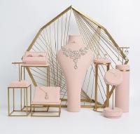 China Custom Luxury Jewelry Display Props Set with Premium Gold Frame Velvet Stand for Fine Jewelry for sale