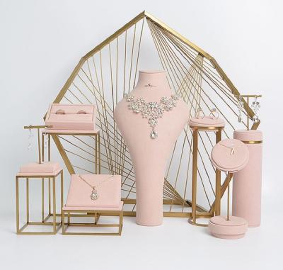 China Custom Luxury Jewelry Display Props Set with Premium Gold Frame Velvet Stand for Fine Jewelry for sale