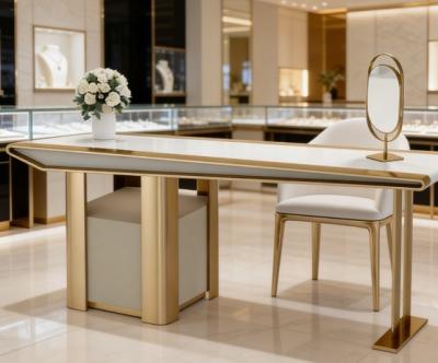 China Luxury Jewelry Display Cabinet Gold Metal Frame Customizable Velvet Top LED Lit Showcase for Retail Stores-Durable High Quality for sale