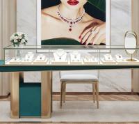 China Luxury Jewelry Display Cabinet Gold Metal Frame Customizable Velvet Top LED Lit Showcase for Retail Stores-Durable High Quality for sale