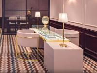 China French Retro Pink & Gold LED Acrylic Jewelry Display Showcases High End Custom Glass with Gold Metal Frame for Retail Store for sale