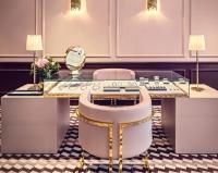 China French Retro Pink & Gold LED Acrylic Jewelry Display Showcases High End Custom Glass with Gold Metal Frame for Retail Store for sale