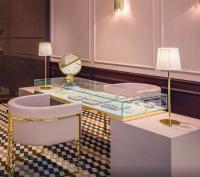 China French Retro Pink & Gold LED Acrylic Jewelry Display Showcases High End Custom Glass with Gold Metal Frame for Retail Store for sale