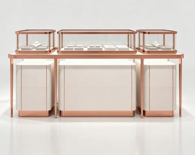 China Modern Luxury White & Rose Gold Jewelry Display Table Set, Sleek Tempered Glass Showcase for Retail Boutiques for sale