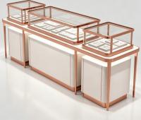 China Modern Luxury White & Rose Gold Jewelry Display Table Set, Sleek Tempered Glass Showcase for Retail Boutiques for sale