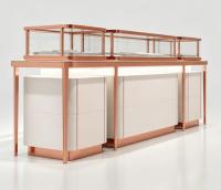 China Modern Luxury White & Rose Gold Jewelry Display Table Set, Sleek Tempered Glass Showcase for Retail Boutiques for sale