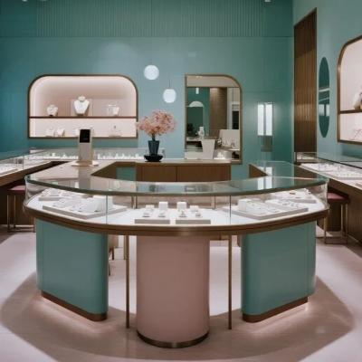 China Modern Island Jewelry Showcase Solid Wood Metal Frame Clear Glass Display Cabinet for sale