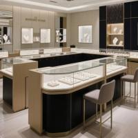 China Modern Island Jewelry Showcase Solid Wood Metal Frame Clear Glass Display Cabinet for sale