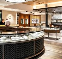 China Modern Walnut Wood & Black Metal Jewelry Store Interior Design, Complete Turnkey Fixture Package with Curved Central Showcase for sale